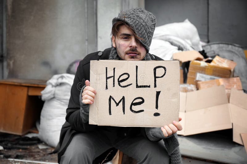 Armer Mann Mithilfe MICH, am Dump Zu Unterzeichnen Stockfoto - Bild von ...