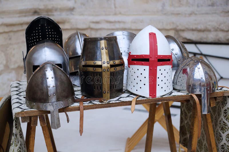 Armor Helmets Displayed at a Medieval Fair Editorial Stock Photo ...