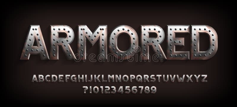 Armored Alphabet Font. Rusty Metal Letters and Numbers Stock Vector ...