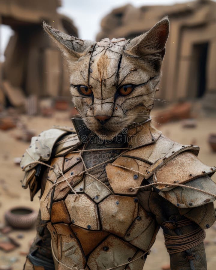 Armored Cat Warrior in a Post-apocalyptic Setting Stock Illustration ...