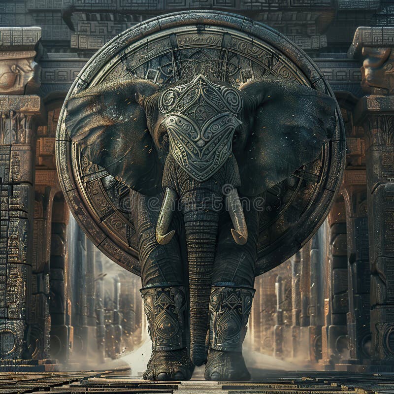 Armored Elephant Statue in Ancient Temple Stock Illustration ...