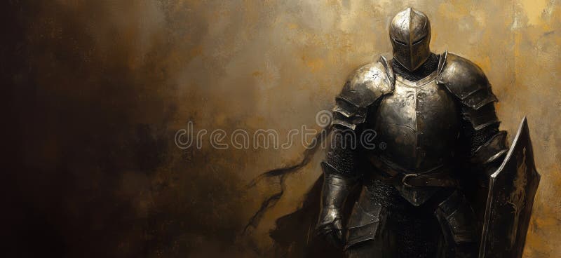 Armored Knight Standing Confidently, Detailed Metallic Armor, Shield in ...