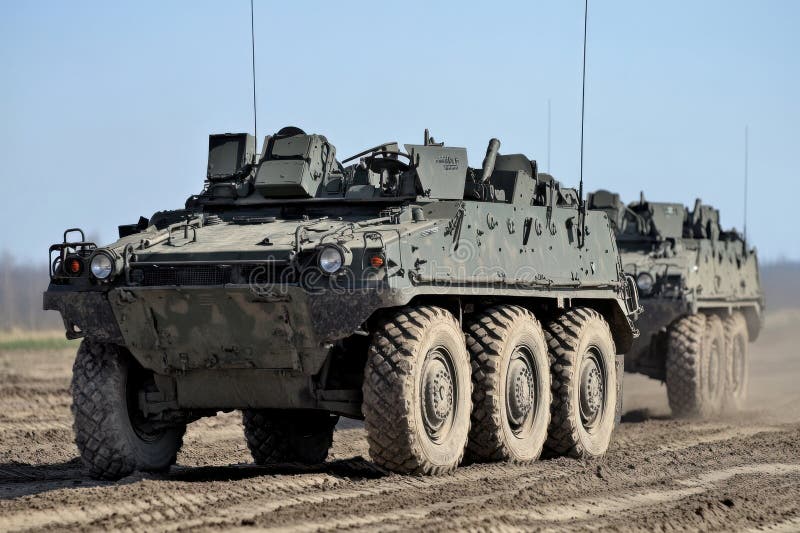 Armored Military Vehicles Moving on a Dusty Road Stock Illustration ...