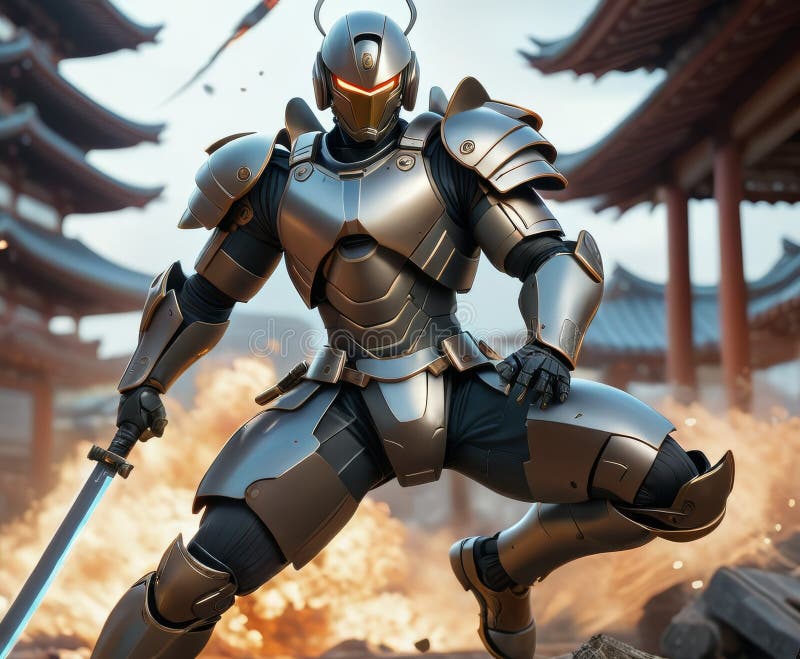 Armored Samurai Warrior in Action at Temple Ruins Stock Image - Image ...