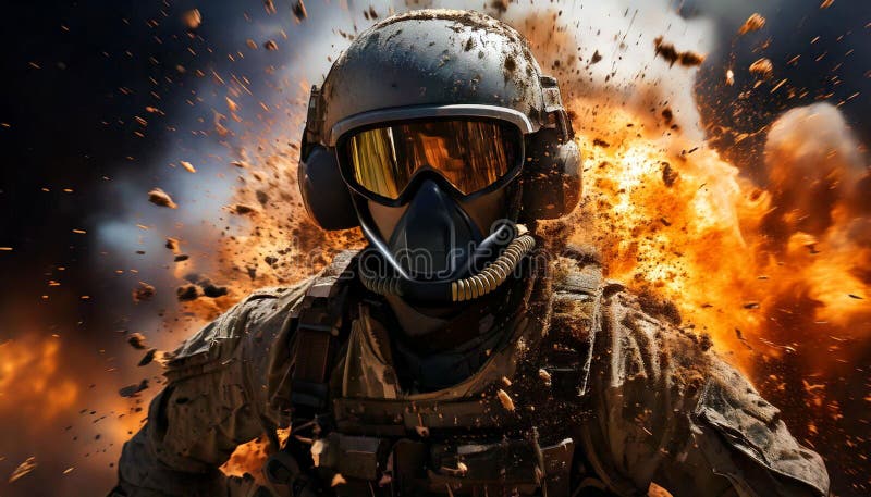 Armored Soldier in Explosion with Flying Debris - Intense Battle Scene ...