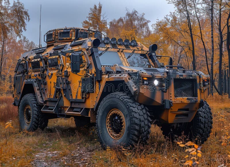 Armored Military Vehicle with Large Wheels Parked on Grass Surrounded ...