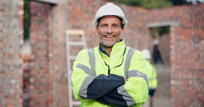 Arms Crossed, Building and Smile with Construction Worker Man on ...