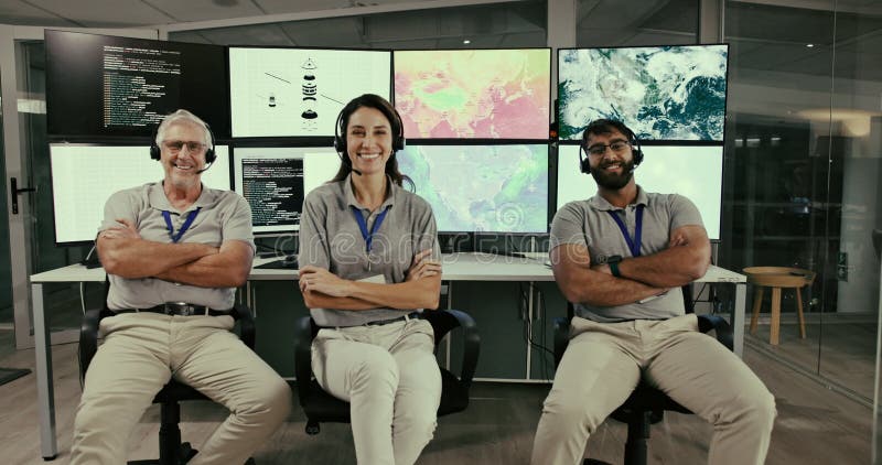 Arms Crossed, Launch and Satellite with Team in Control Room for Space ...