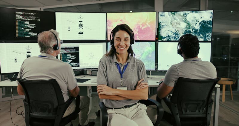 Arms Crossed, Launch and Satellite with Woman in Control Room for Space Exploration, Engineering ...