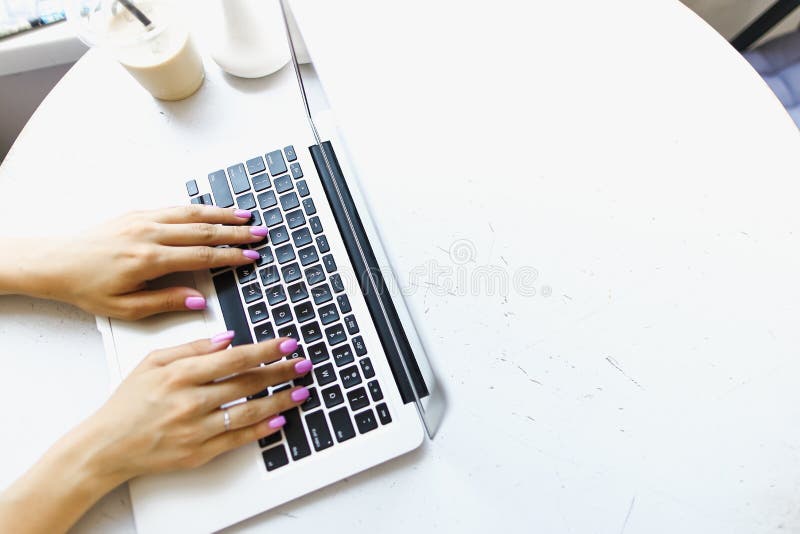 Hands Typing on Laptop Keyboard, Banner with White Copyspace. Stock ...