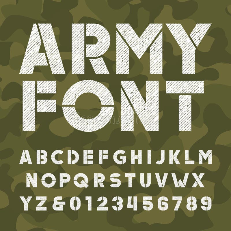 Army Alphabet Font. Scratched Bold Type Letters and Numbers on Camo ...