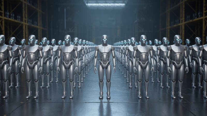An Army of Android Robots, Fully Activated and Standing in Formation ...