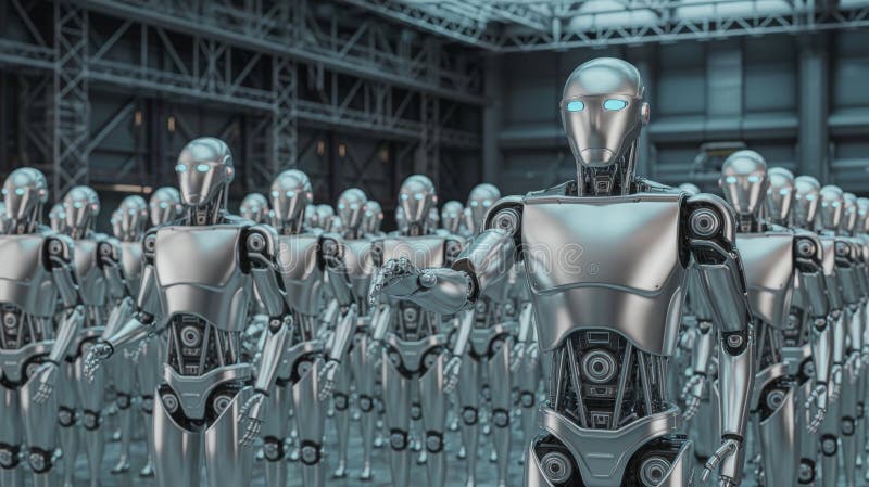 An Army of Android Robots, Fully Activated and Standing in Formation ...