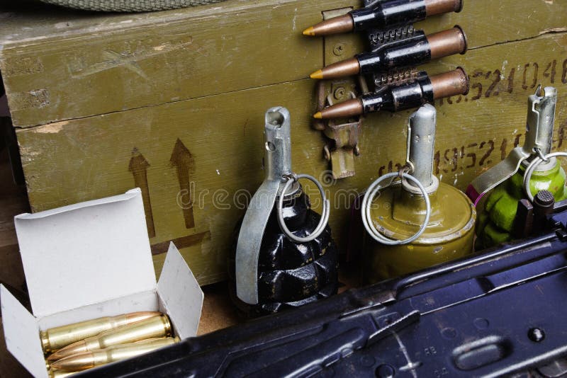Army Box Of Ammunition With AK47 Rifle And Ammunition Stock Photo ...