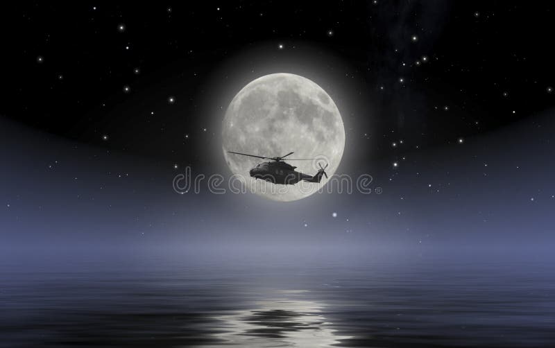 Army Helicopter Scouting on Sea in a Full Moon Night Stock Illustration ...
