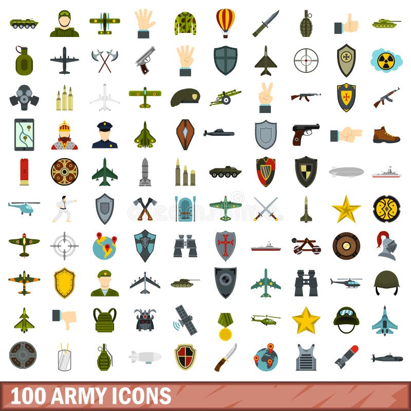 100 Army Icons Set, Flat Style Stock Vector - Illustration of fighter ...