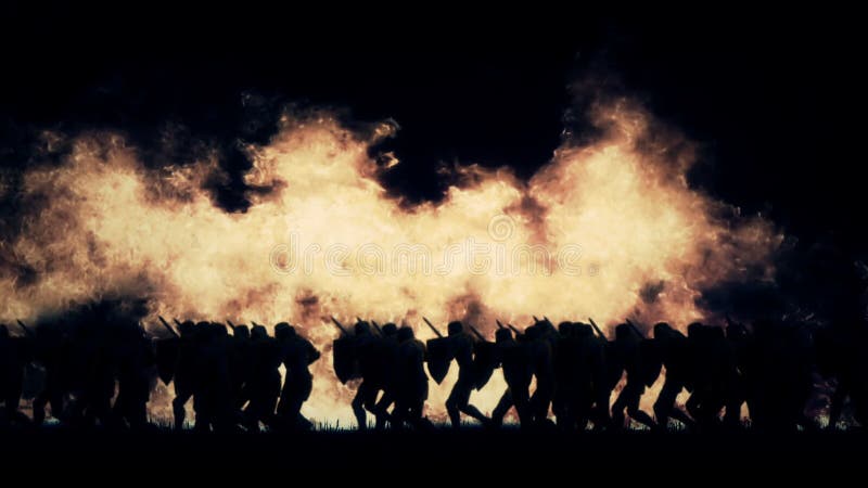 Army of Knights Marching in a Burning Battle Field Stock Footage ...