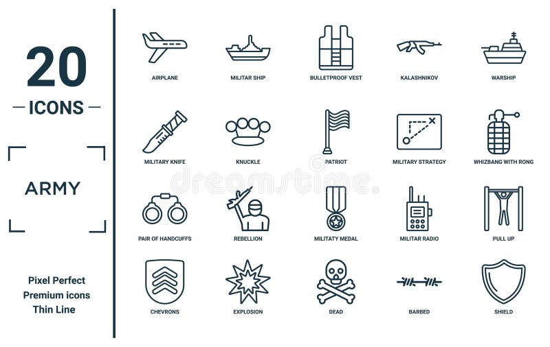Army Linear Icon Set. Includes Thin Line Airplane, Military Knife, Pair ... Army Linear Icon Set. Includes Thin Line Airplane, Military Knife, Pair ...