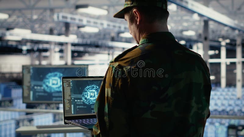 Army Programmer in High Tech Server Hub Uses AI Application on Laptop Stock Footage - Video of ...