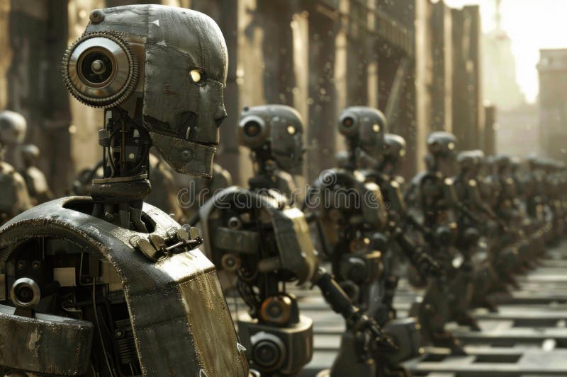 Army of Robots Marching in Post Apocalyptic City Stock Illustration ...