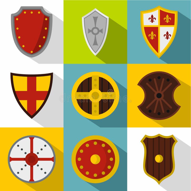 Army Shield Icons Set, Flat Style Stock Vector - Illustration of army ...