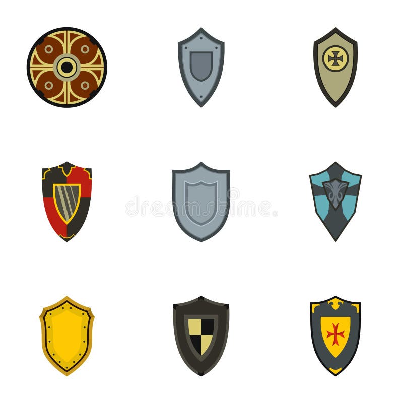 Army Shield Icons Set, Flat Style Stock Vector - Illustration of object ...