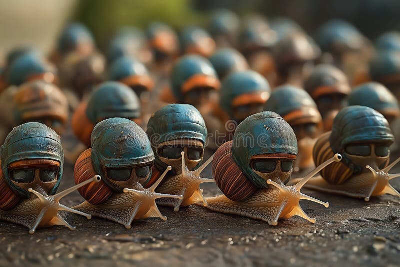 Army of Snails Wearing Helmets and Gas Masks Marching Forward Stock ...