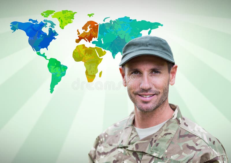 Army Soldier Man in Front of Colourful Map Stock Illustration ...