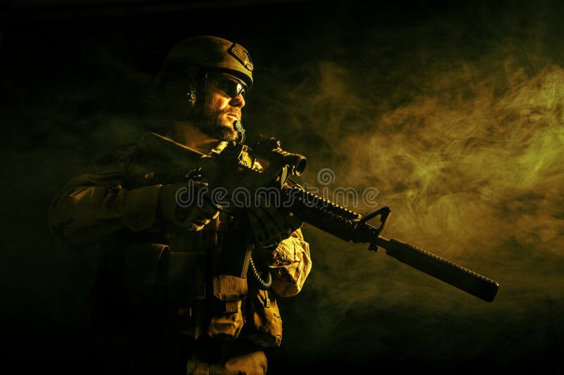 Army soldier in the smoke stock image. Image of commando - 289908847