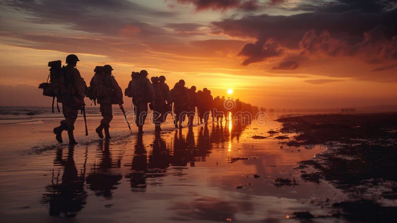 Army Soldiers Line Walking on Beach at Sunset Stock Illustration ...