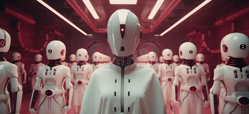 Army of White Robots Illuminated by Soft Red Lights, AI-generated ...