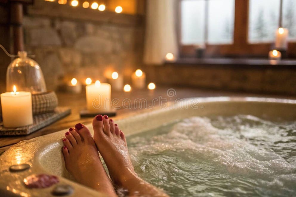 A Cozy Indoor Setting with a Bubbling Jacuzzi in the Foreground. a ...