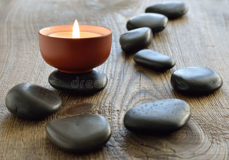 Symbolic Zen Stones Cairn and Meditation Candles Stock Photo - Image of ...