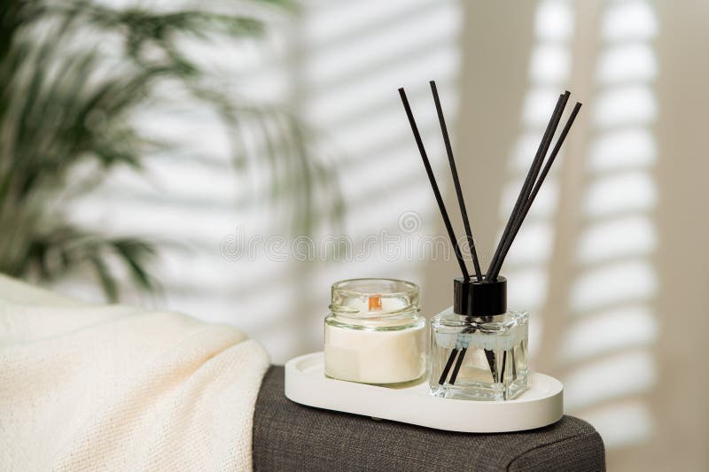 Aroma Diffuser Bottle with Sticks in Living Room, Close Up Stock Photo ...