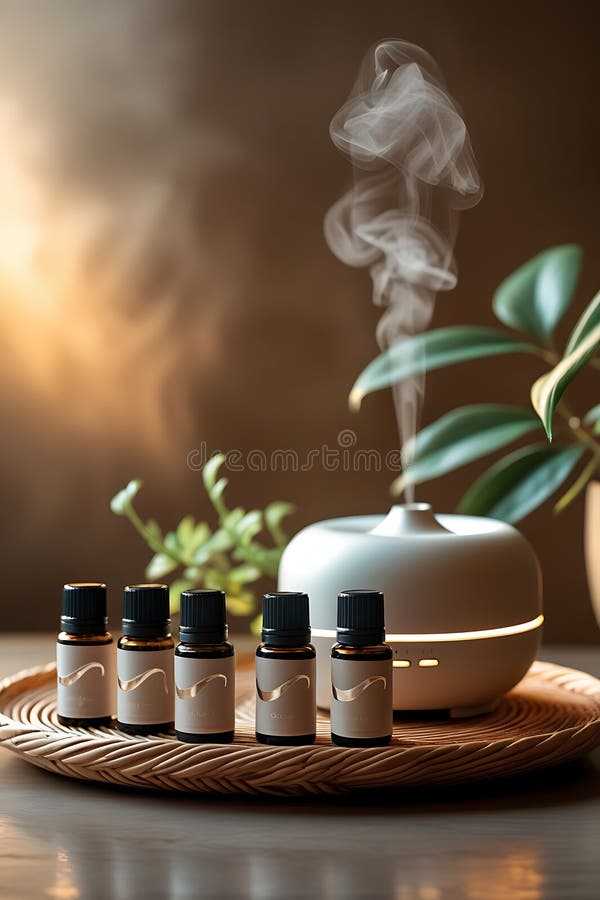 Aroma Diffuser with Essential Oil Bottles and Steam Stock Illustration ...