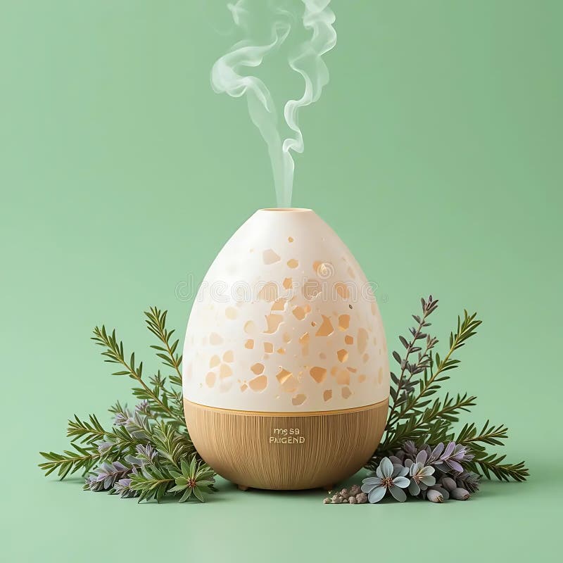 Aroma Diffuser with Steam and Greenery on Light Green Background Stock ...