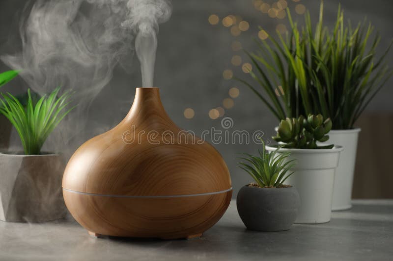 Aroma Oil Diffuser and Houseplants on Light Grey Table Stock Image ...