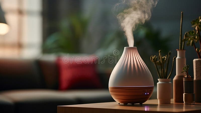 Aroma Oil Diffuser with Rising Steam Flow on Table in Living Room Stock ...