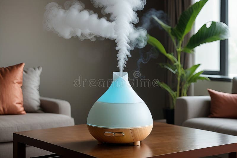 Aroma Oil Diffuser with Rising Steam Flow on Table in Living Room ...