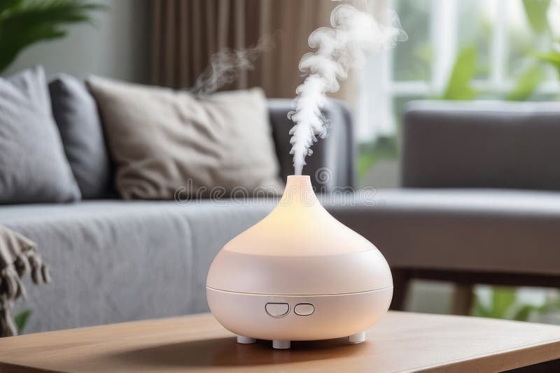 Aroma Oil Diffuser with Rising Steam Flow on Table in Living Room ...