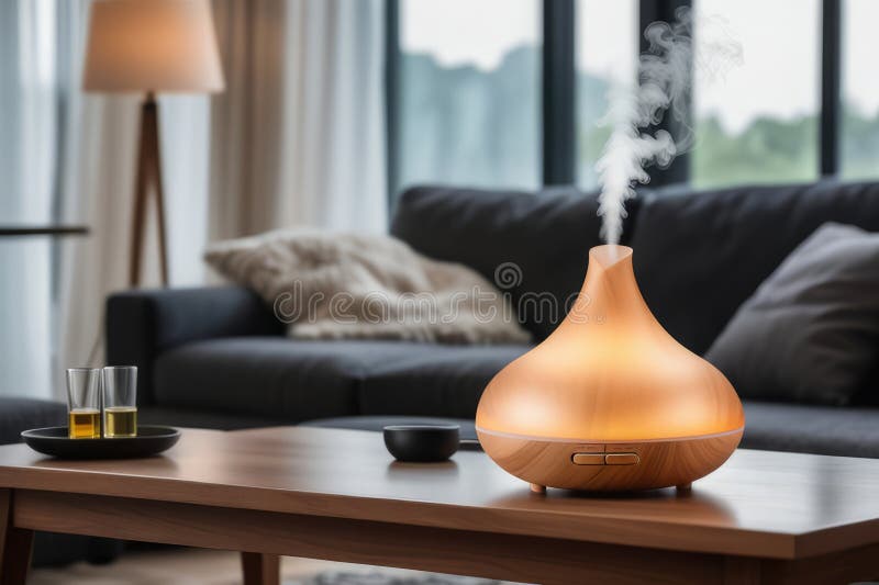 Aroma Oil Diffuser with Rising Steam Flow on Table in Living Room ...