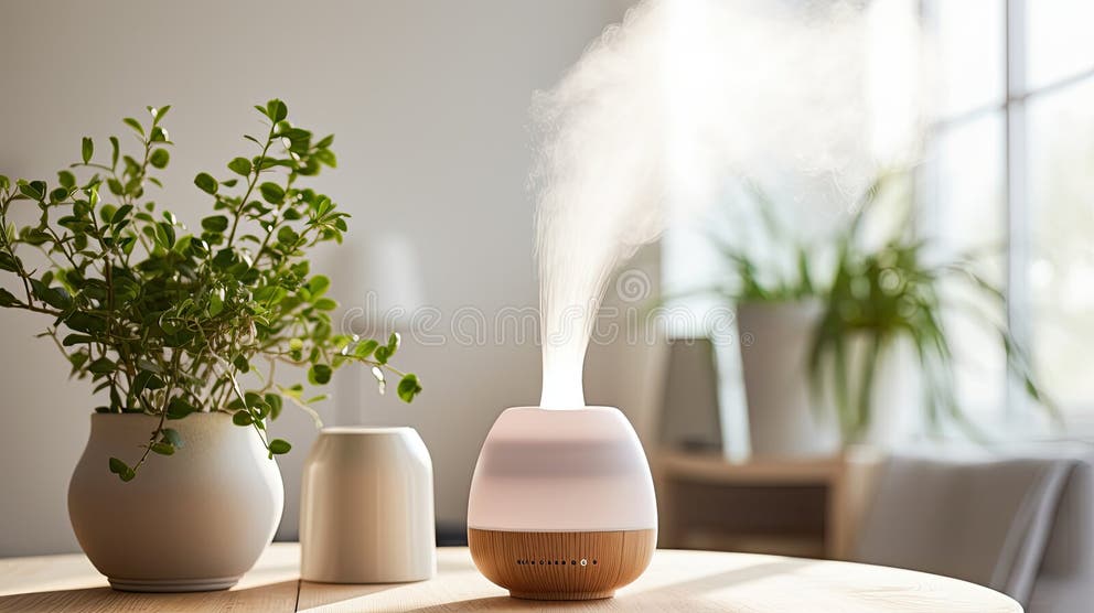 Aroma Oil Diffuser on a Sleek, Light-colored Table in a Modern Home ...