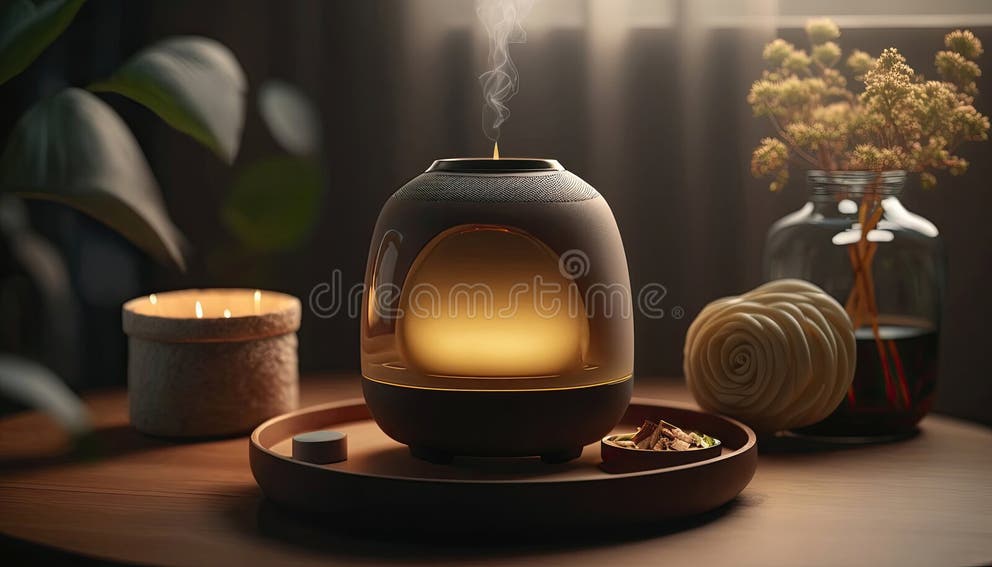 Aroma Oil Diffuser on the Table Against the Backdrop of the Bedroom ...