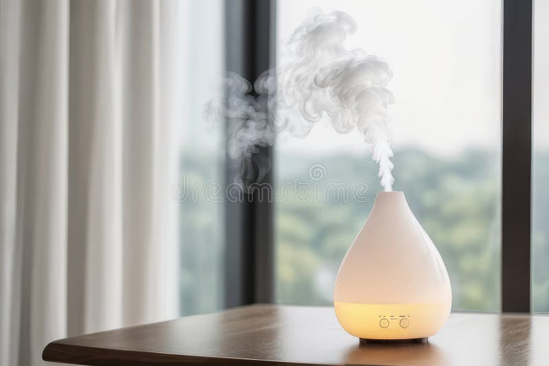 Aroma Oil White Glass Diffuser with Rising Steam Flow on Table by ...