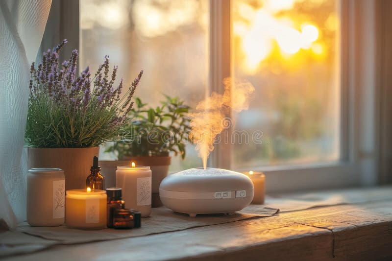 Aromatherapy Diffuser on Table with Warm Sunlight in Cozy Room, AI ...