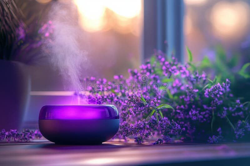 Aromatherapy Diffuser Emitting Mist with Purple Flowers at Sunset Stock ...