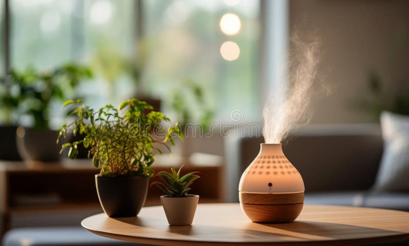 An Aromatherapy Diffuser with a Plant is Set Up on a Table with a Glass ...