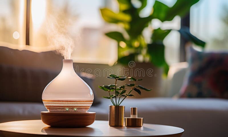 An Aromatherapy Diffuser with a Plant is Set Up on a Table with a Glass ...