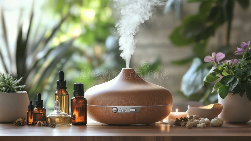 Aromatherapy Diffuser Releasing Steam, Essential Oils, Plants, Candles ...