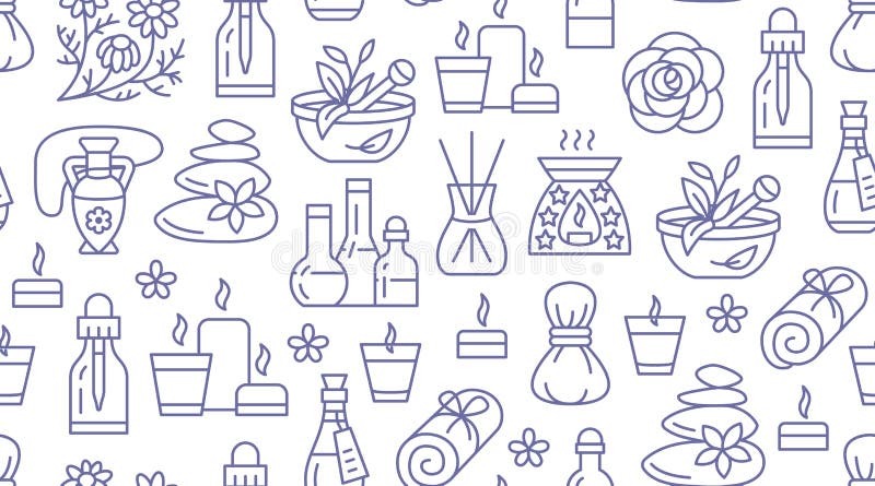 Aromatherapy Seamless Pattern with Vector Flat Line Icons. Essential ...